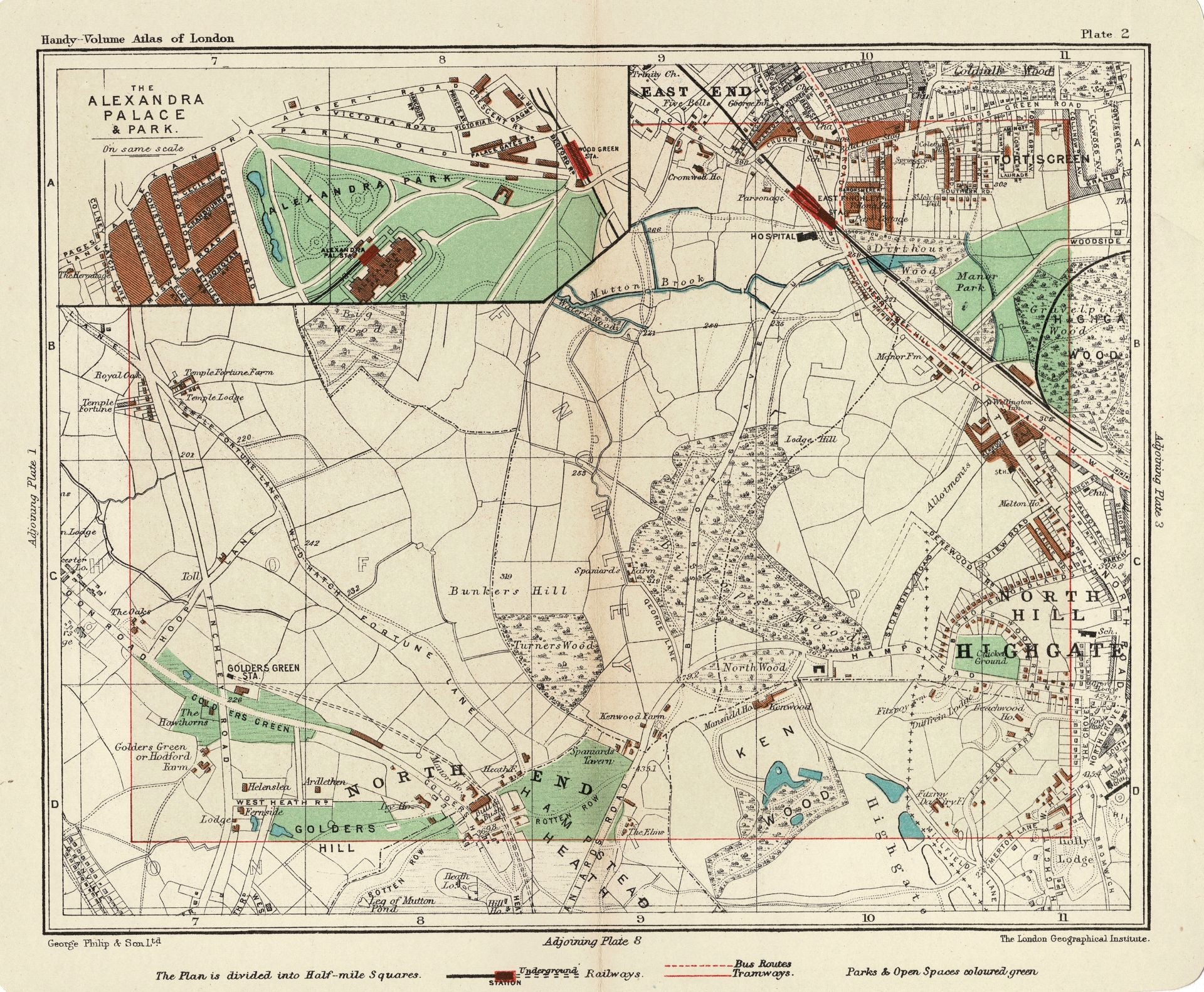 Alexandra Palace, Fortis Green, Highgate, Hampstead antique map 1907 ...