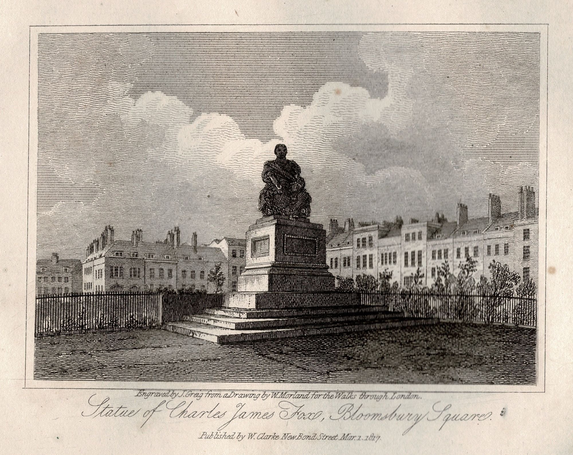 Bloomsbury Square statue of Charles James Fox antique print 1817 – Maps ...