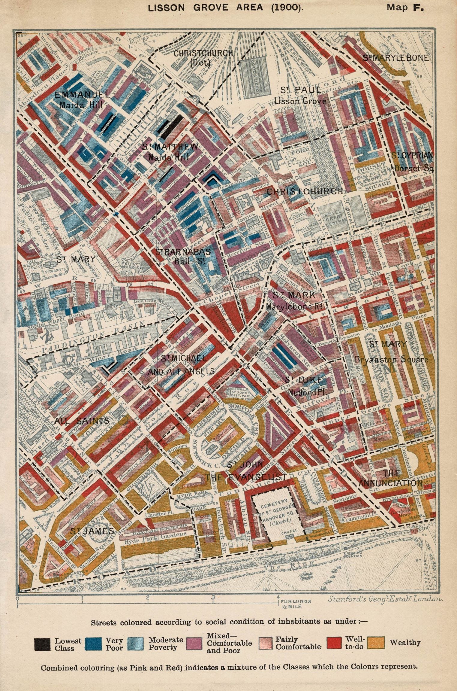 Marylebone antique map from Charles Booth's Poverty Map (Church Editio ...