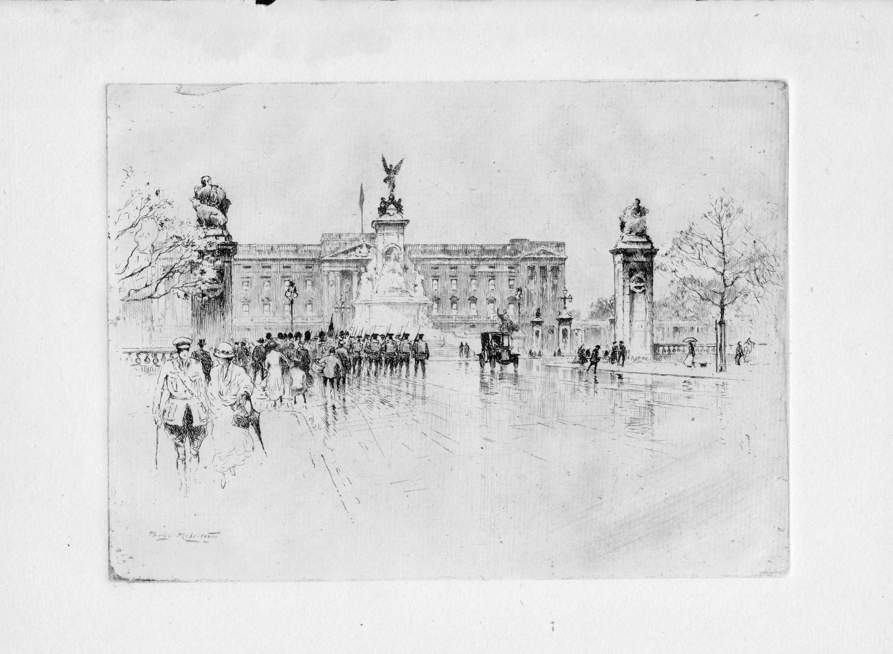 Buckingham Palace, London. vintage etching by Percy Robertson, publish ...
