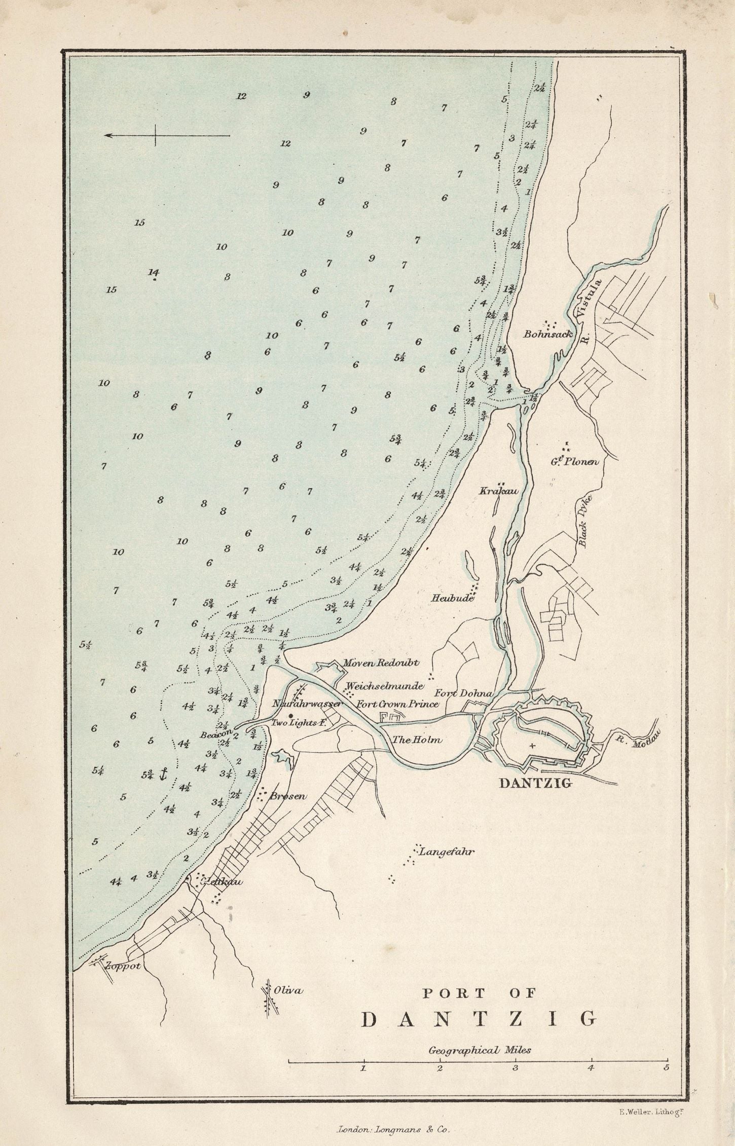 Dantzig (now Gdansk) Prussia (now Poland) antique map published 1871 ...