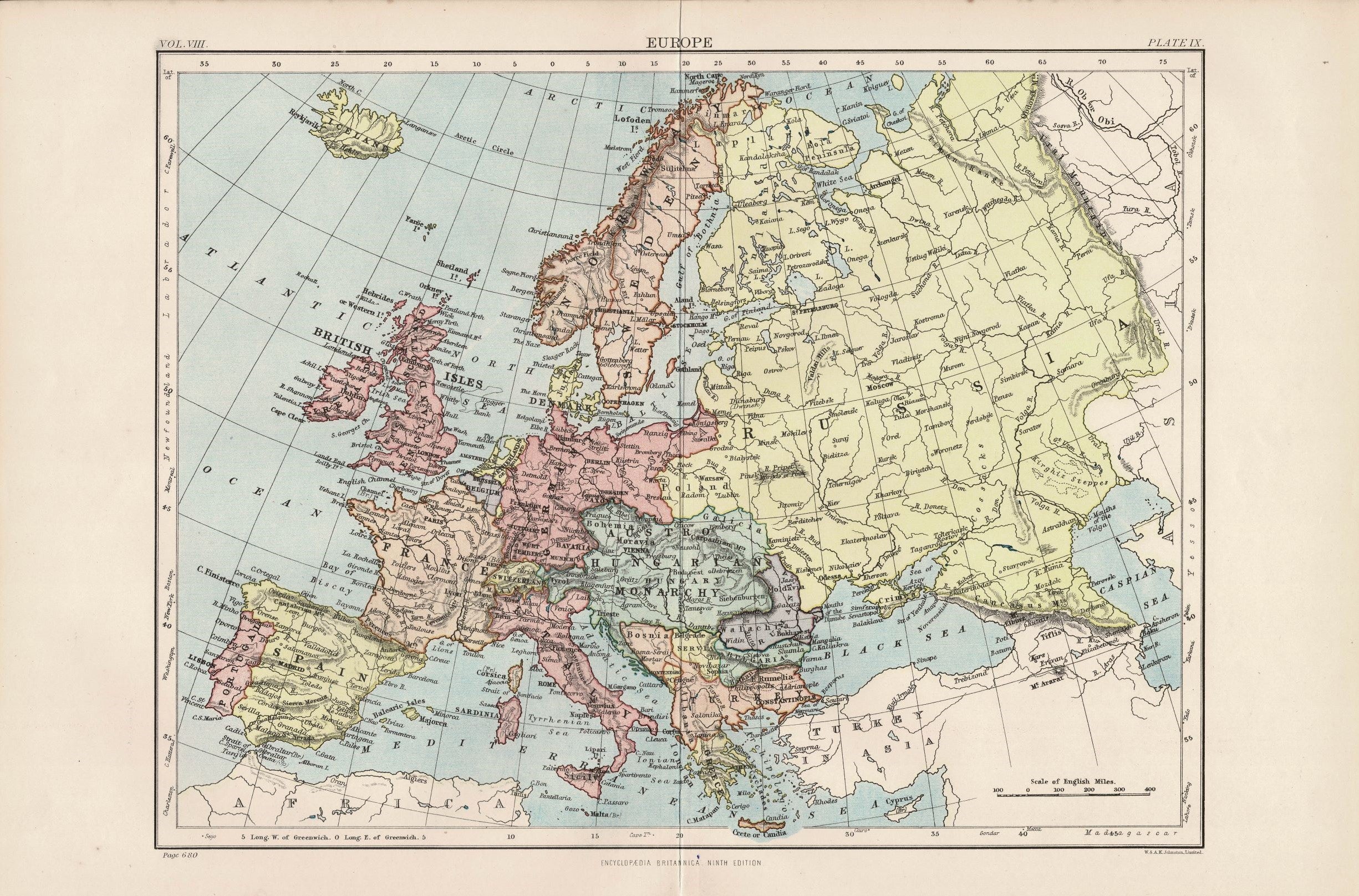Europe antique map Encyclopaedia Britannica 1889 – Maps and Antique Prints