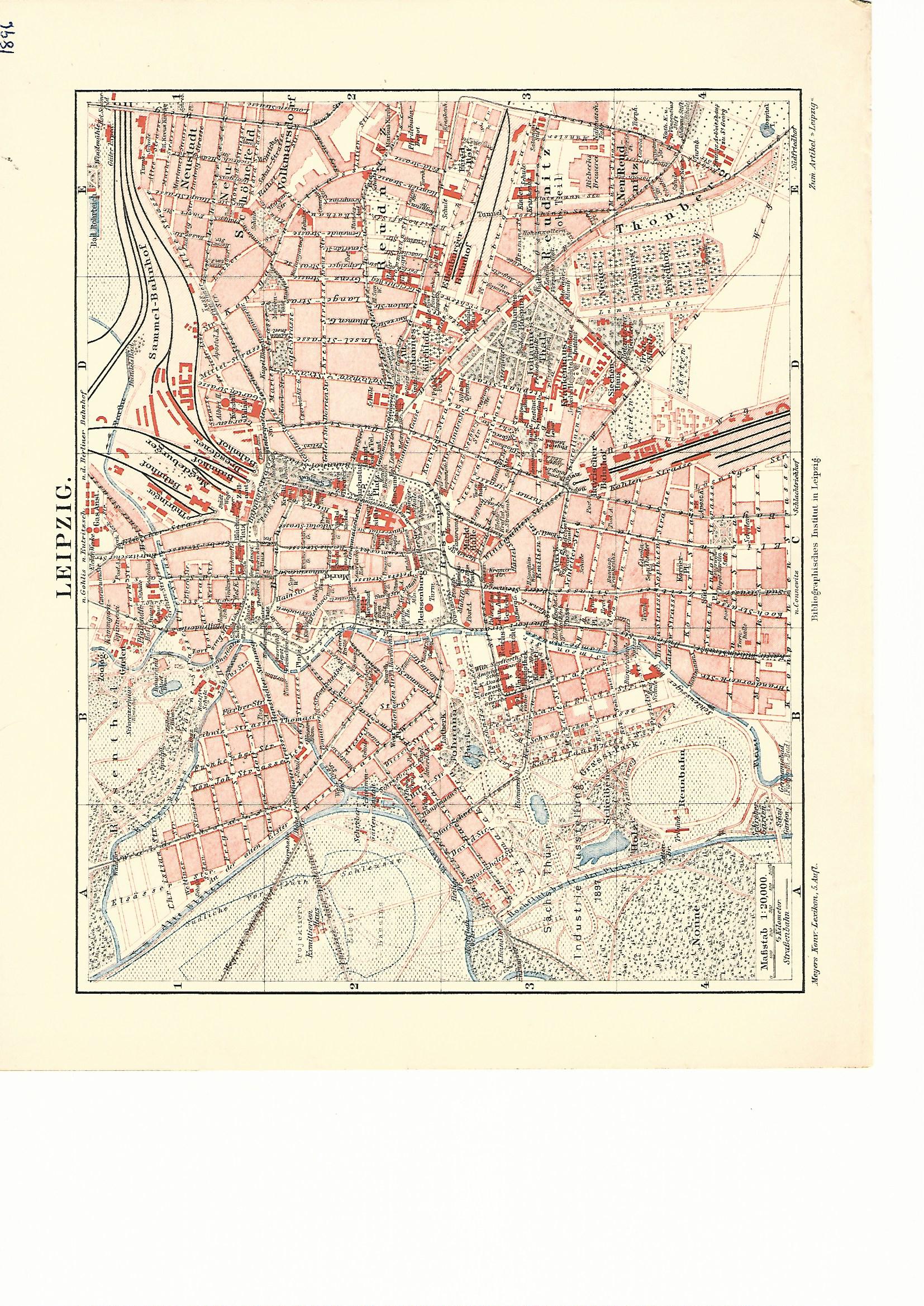 Leipzig and environs antique map from Meyer's "Konversations ... " 189 ...