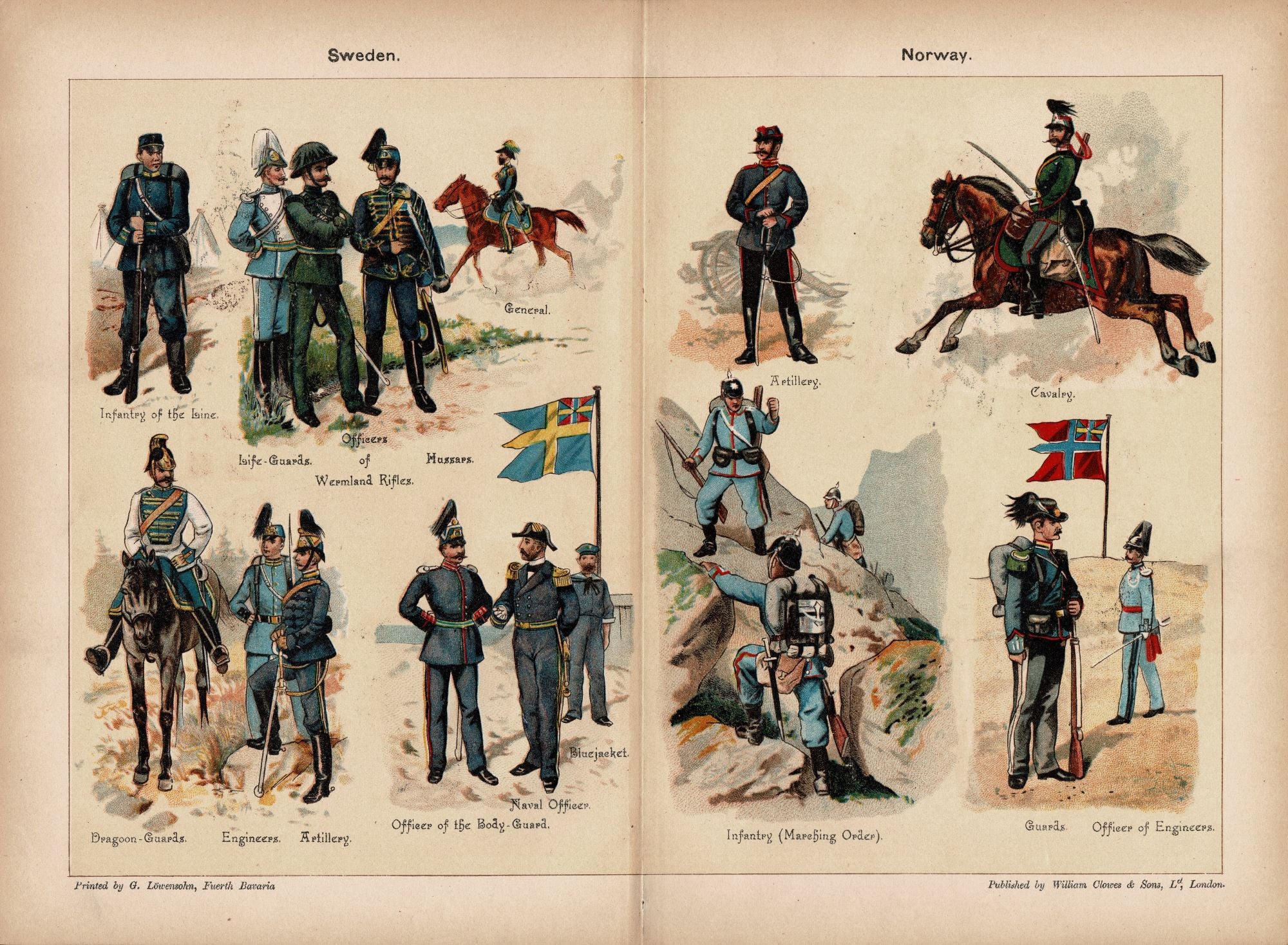 Sweden Norway Army uniforms by Richard Knotel antique print published ...