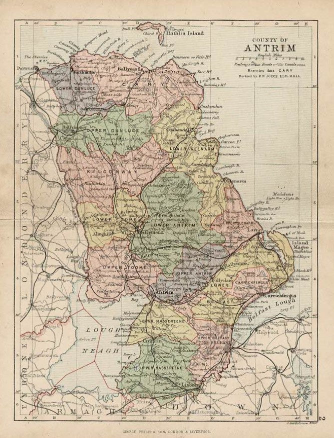 Antrim Ireland antique county map published 1882 – Maps and Antique Prints