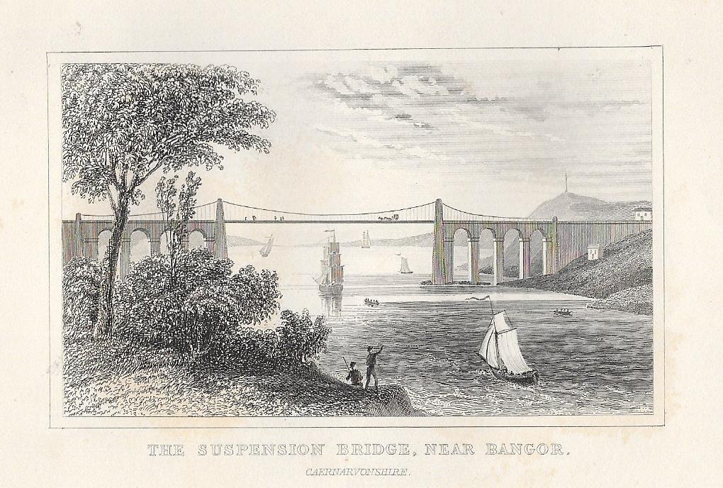 Bangor suspension bridge Gwynedd Wales antique print 1845 – Maps and ...