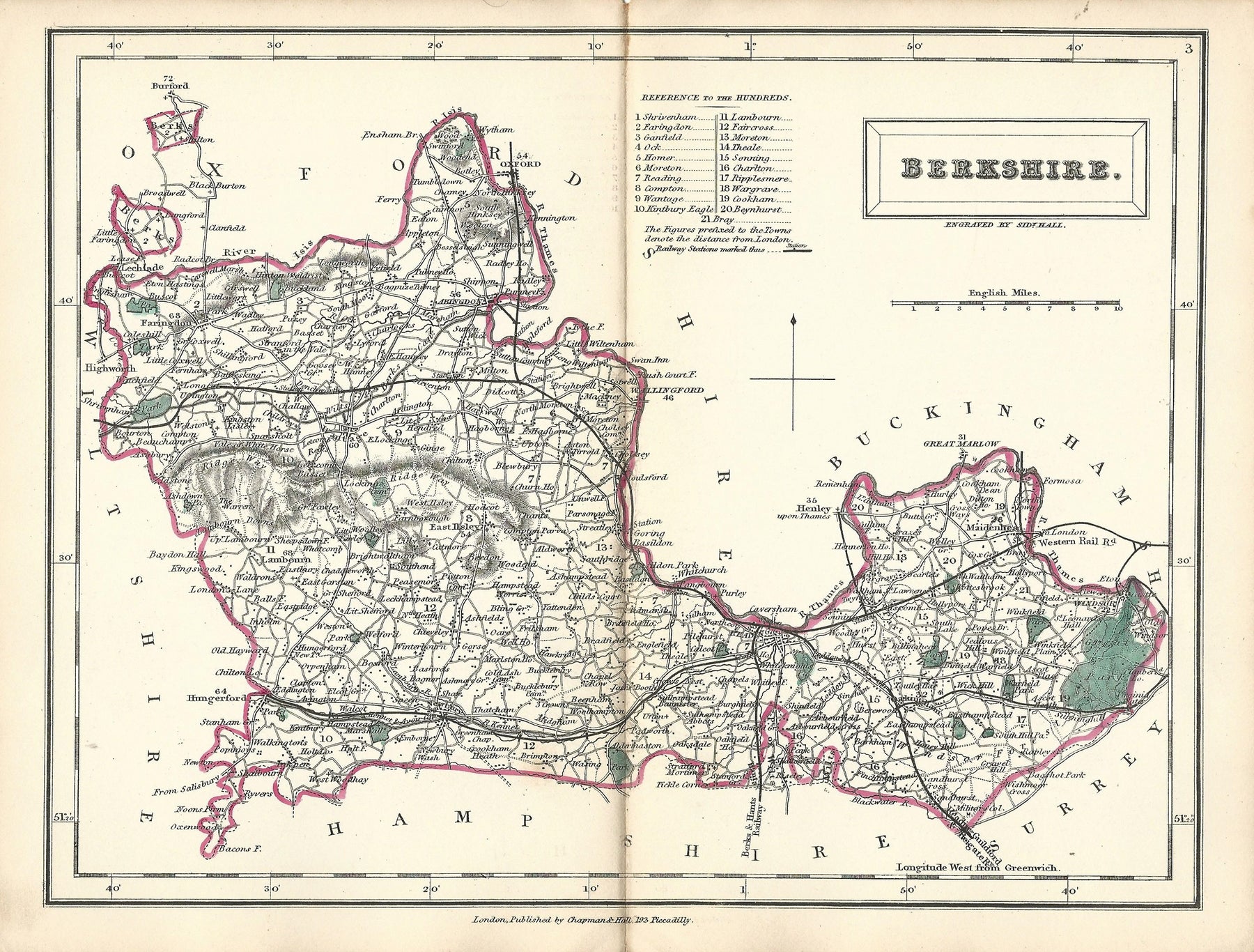 Berkshire antique map from English Counties by Sidney Hall published 1 ...