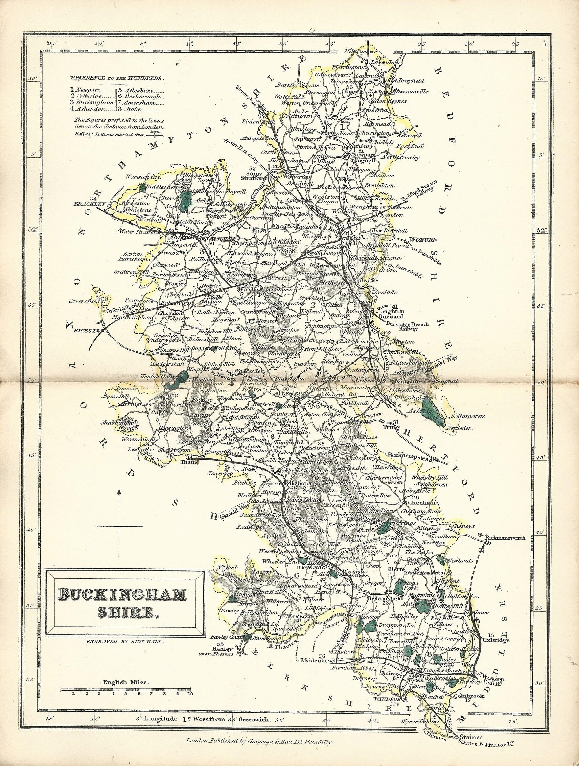 Buckinghamshire antique map from English Counties by Sidney Hall 1860 ...