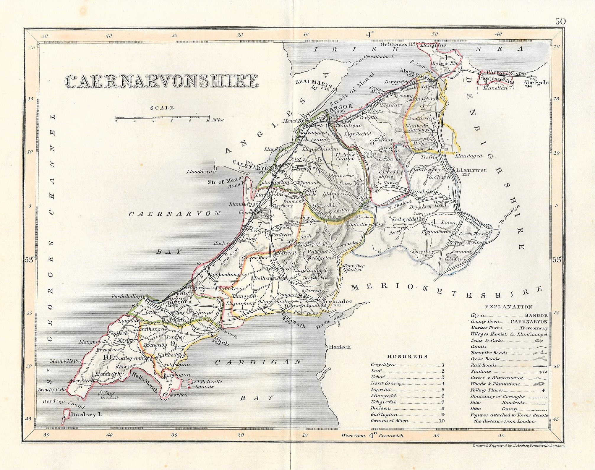Caernarfonshire Caernarvonshire Carnarvonshire Cymru Wales antique map ...