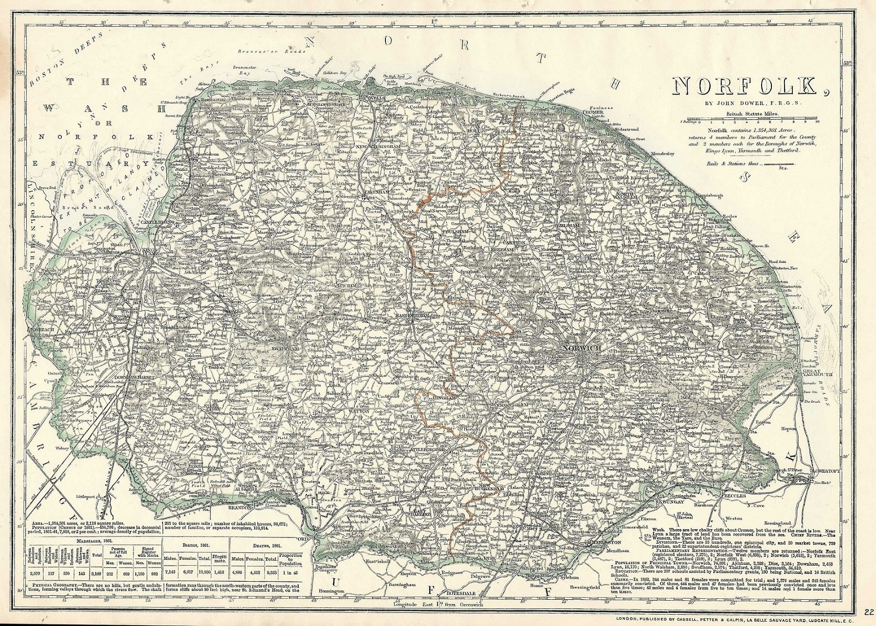 Norfolk antique map from Cassell’s County Atlas 1864 – Maps and Antique ...