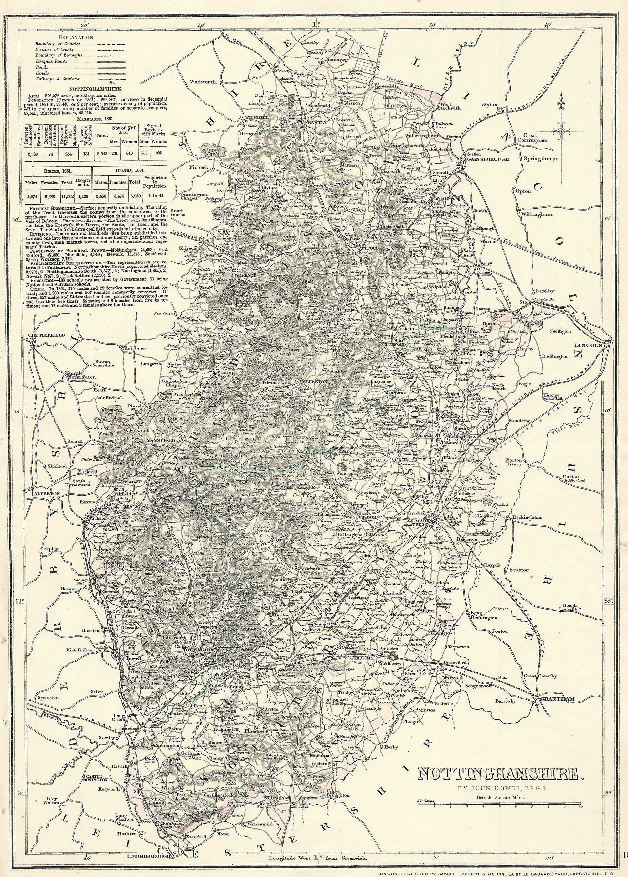 Nottinghamshire antique map from Cassell's Atlas 1864 – Maps and ...