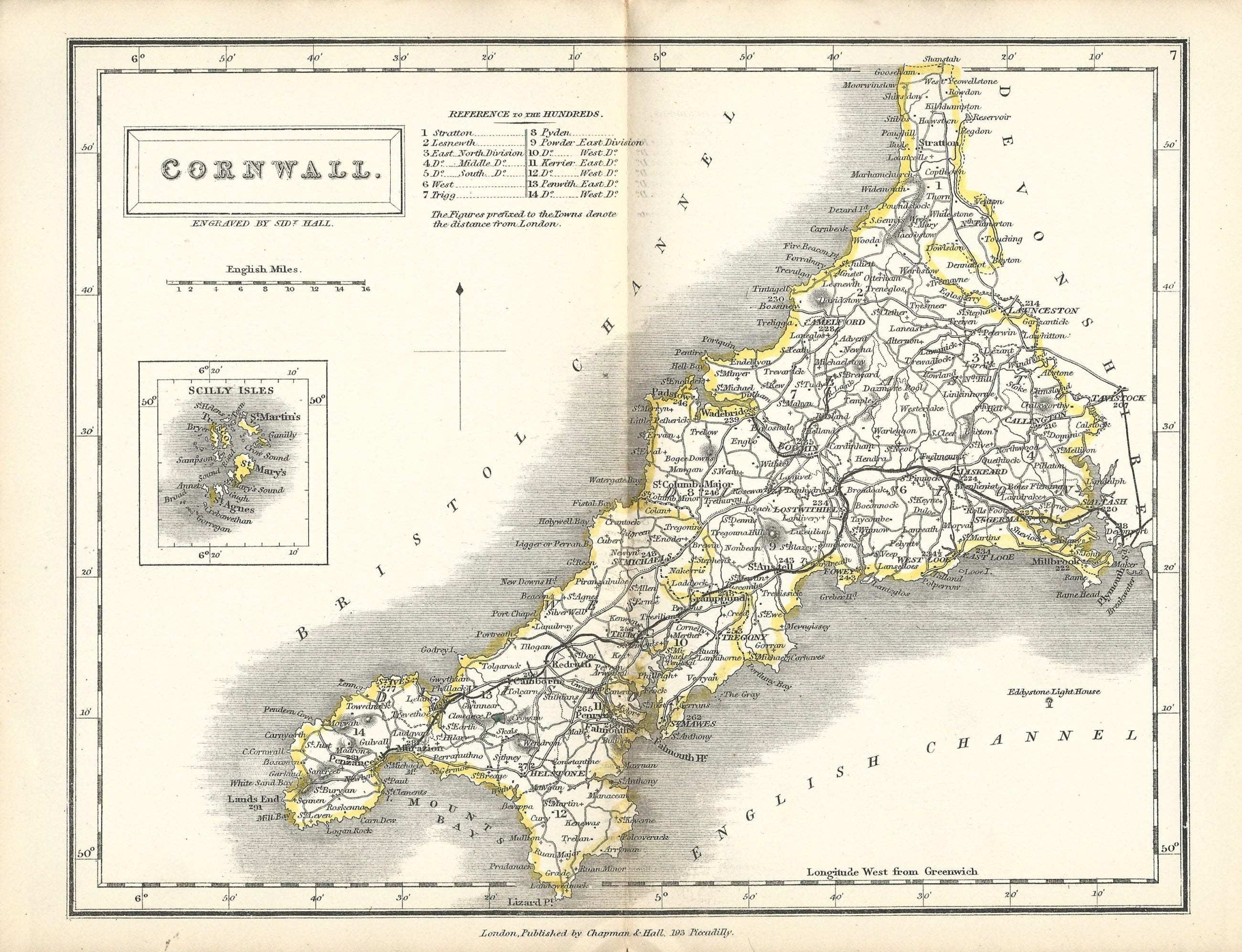 Cornwall antique map from English Counties by Sidney Hall published 18 ...