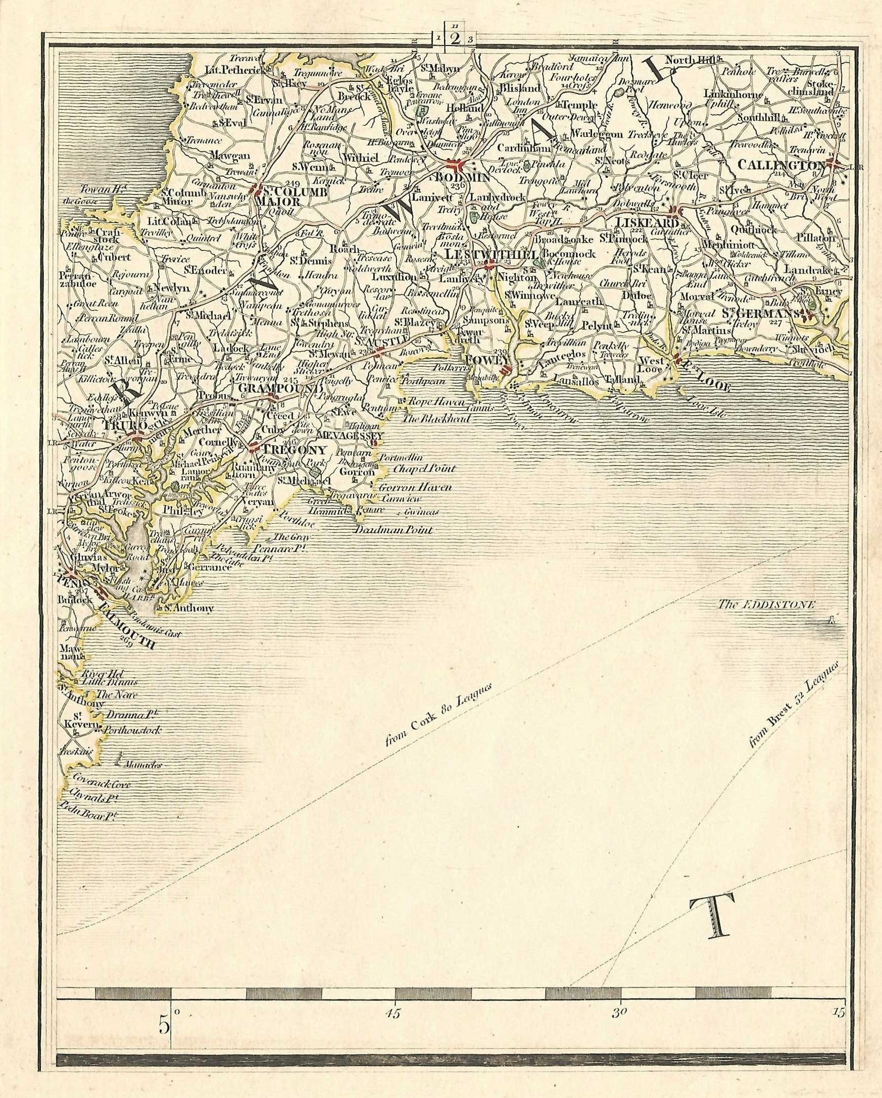 Cornwall antique map Truro Falmouth Bodmin Lostwithiel Liskeard Fowey ...