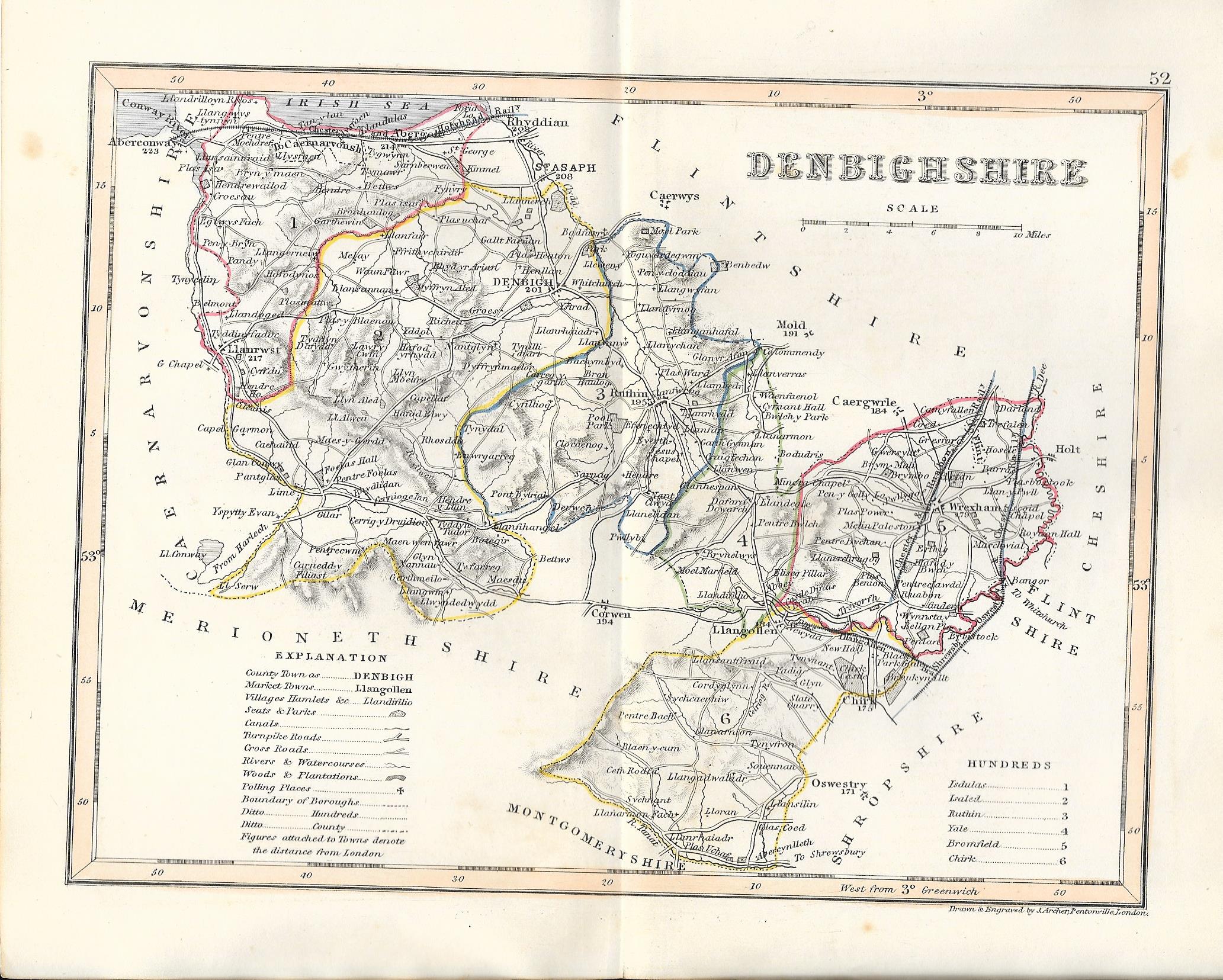 Denbighshire Sir Ddinbych Cymru Wales antique map 1845 – Maps and ...