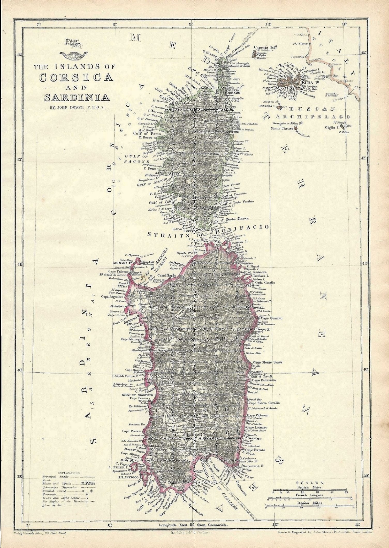 Corsica antique map with Sardinia published 1863 – Maps and Antique Prints