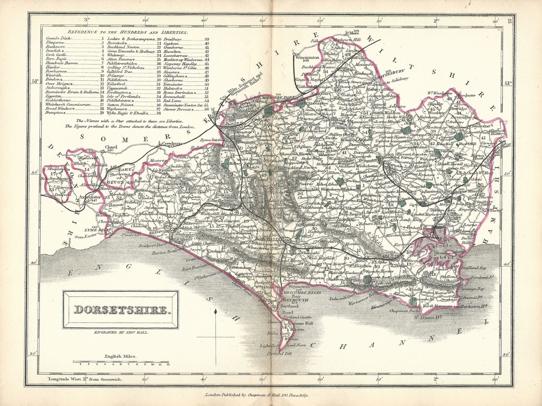 Dorset Dorsetshire antique map from English Counties by Sidney Hall pu ...