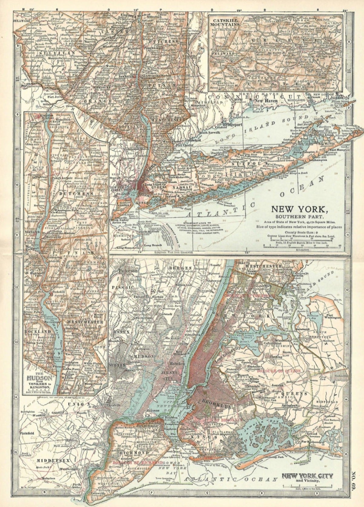 New York Southern Part antique map from Encyclopaedia Britannica publi ...