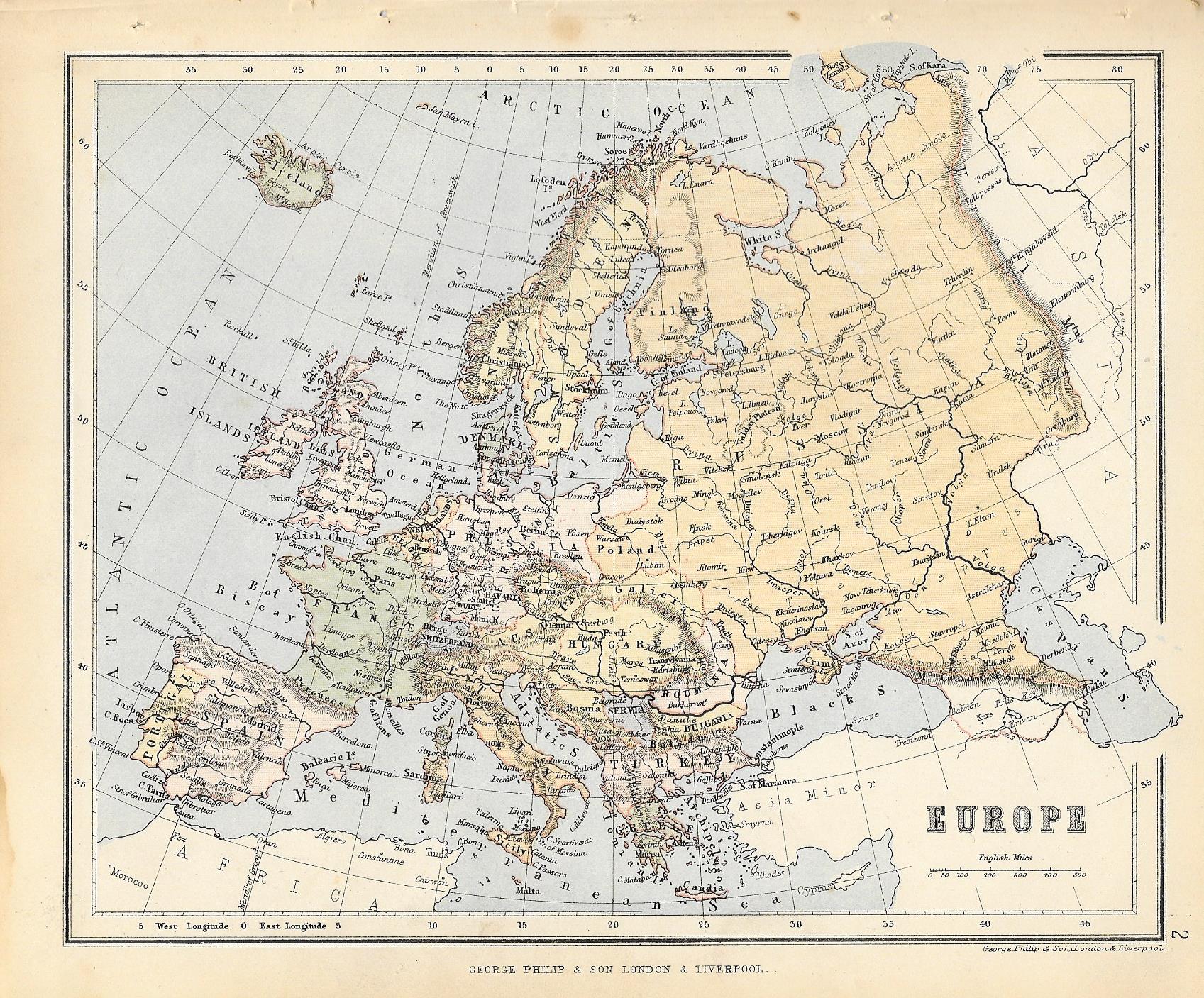 Europe antique map published by George Philip & Son c.1882 – Maps and ...