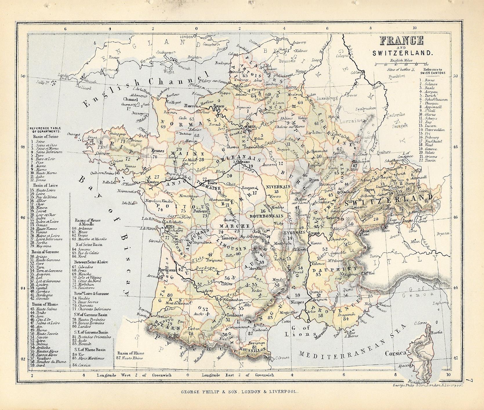 France and Switzerland antique map published by George Philip & Son 18 ...