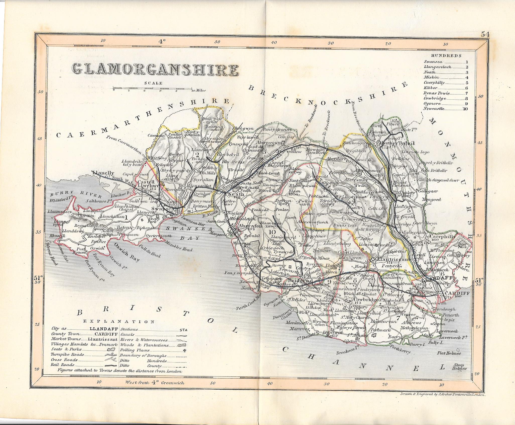 Glamorgan Glamorganshire Wales antique map 1845 – Maps and Antique Prints