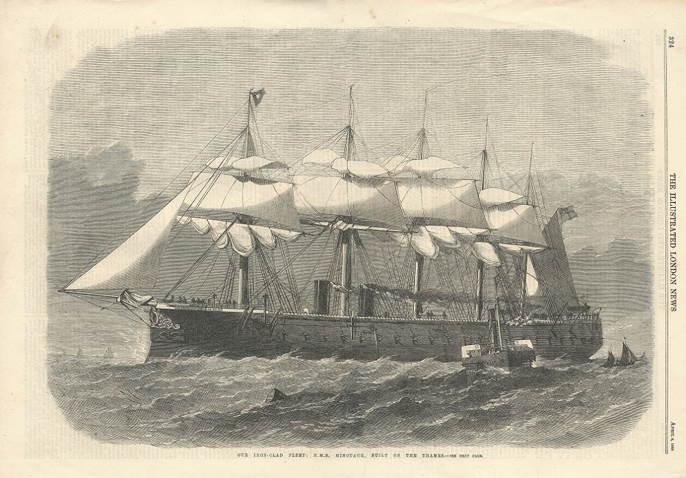 HMS Minotaur at sea antique print published 1865 – Maps and Antique Prints