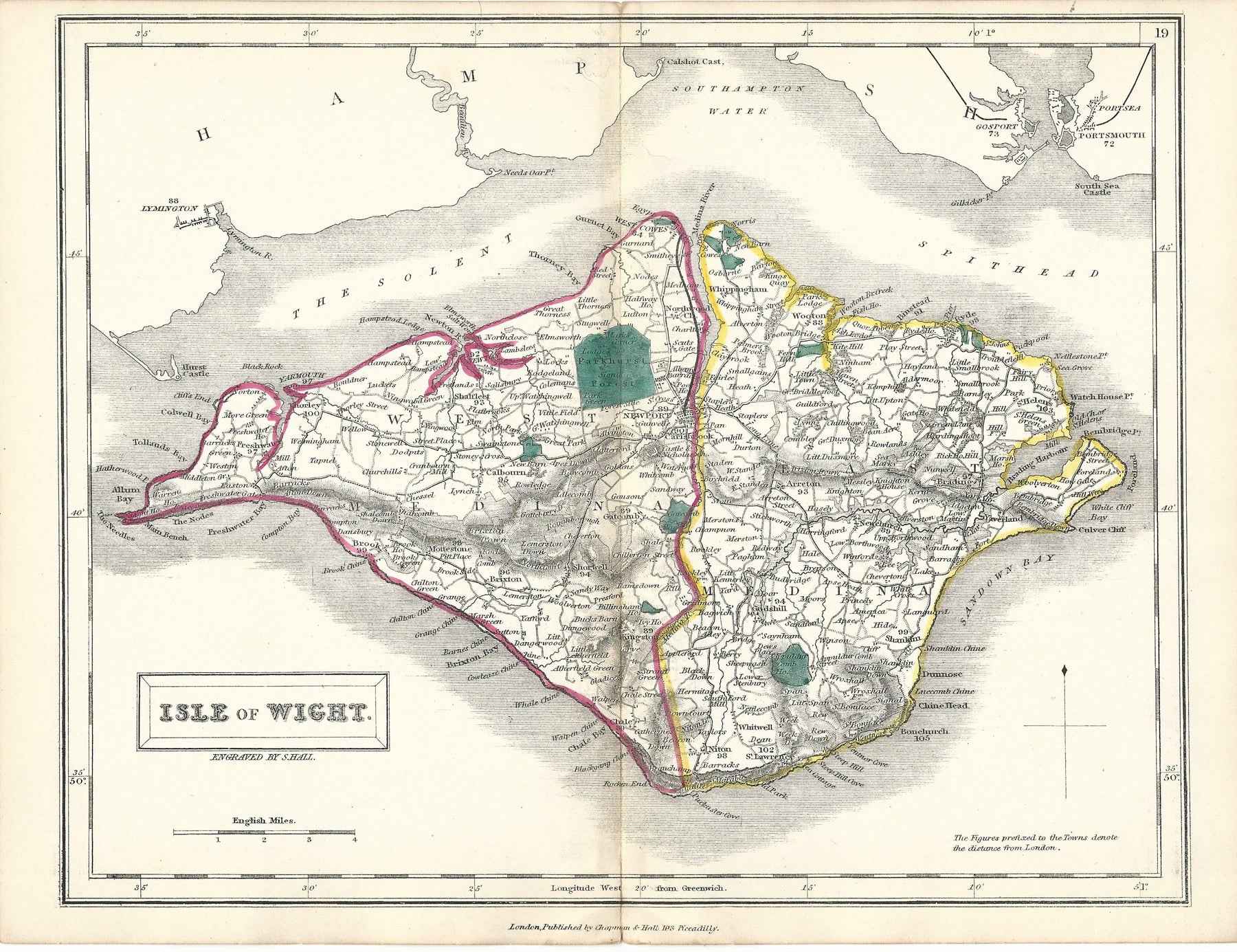 Isle of Wight (IoW) antique map from English Counties by Sidney Hall p ...