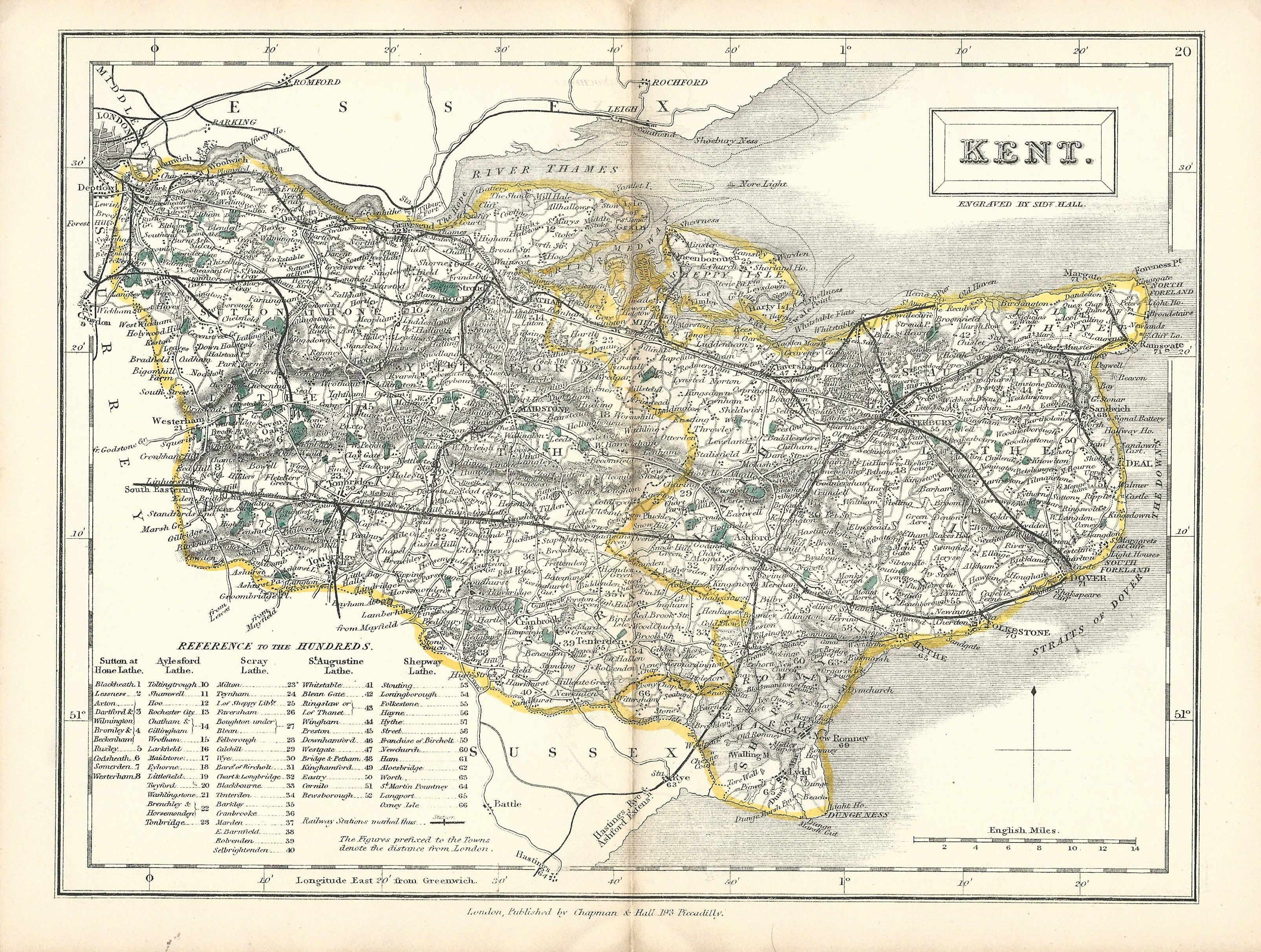Kent antique map from English Counties by Sidney Hall published 1860 ...