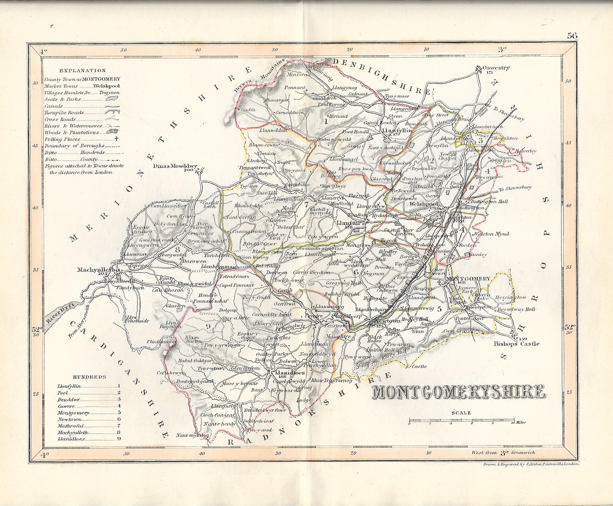 Montgomeryshire Maldwyn Sir Drefaldwyn Powys Wales antique map 1845 ...