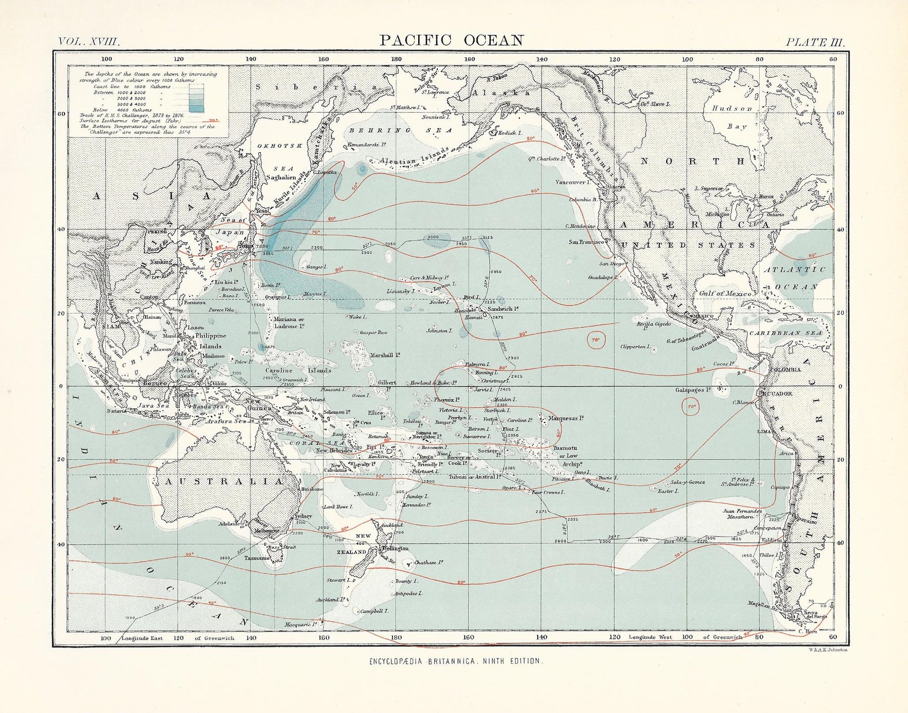 Pacific Ocean antique map from Encyclopaedia Britannica 1889 – Maps and ...