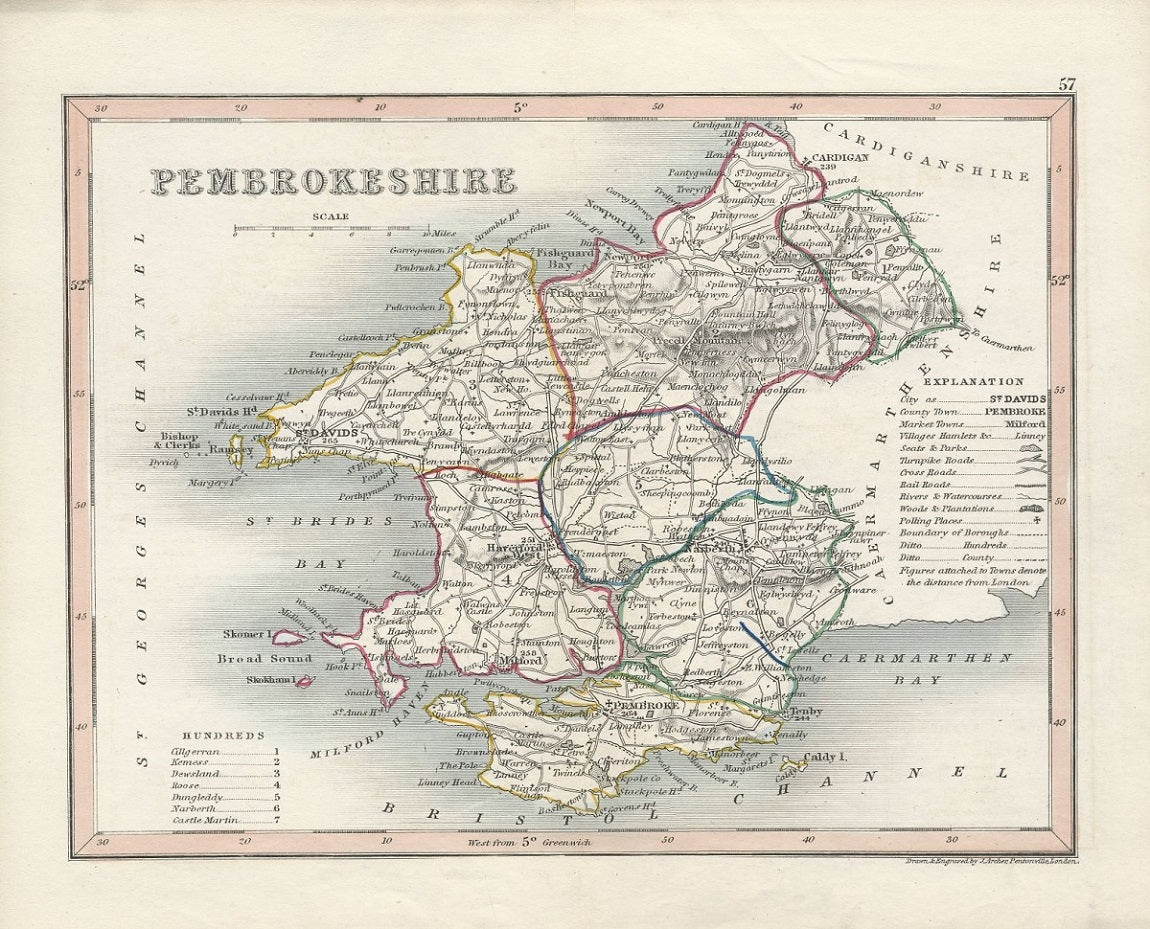 Pembrokeshire Sir Benfro Cymru Wales antique map 1845 – Maps and ...