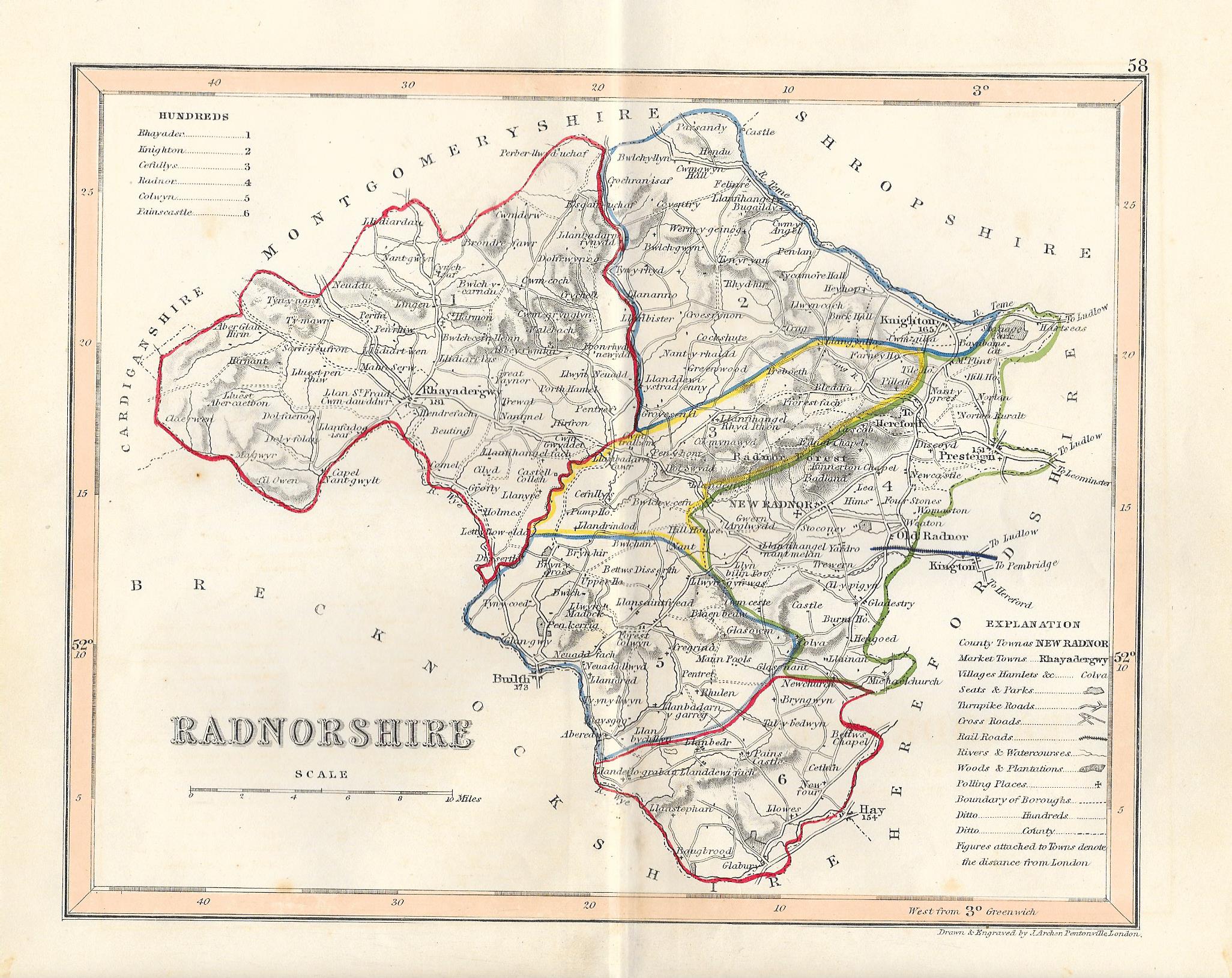 Radnor Radnorshire Powys Cymru Wales antique map 1845 – Maps and ...