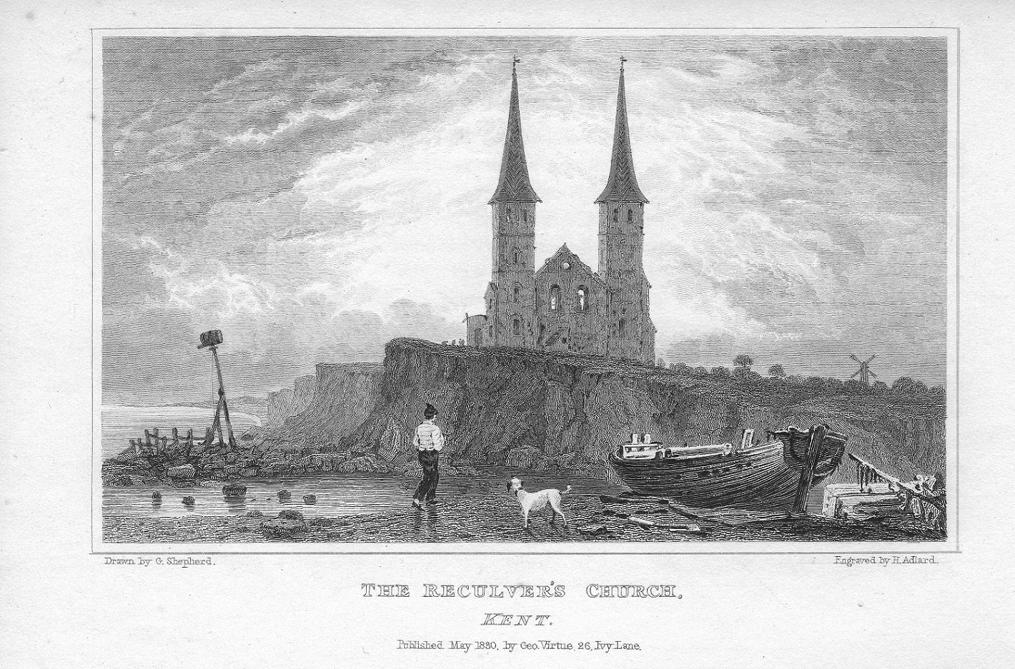 Reculver Church Kent antique print published c.1830 – Maps and Antique ...