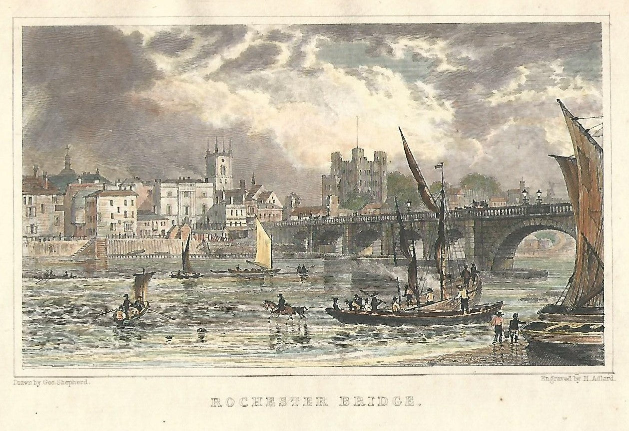 Rochester Bridge castle and River Medway antique print 1828 – Maps and ...