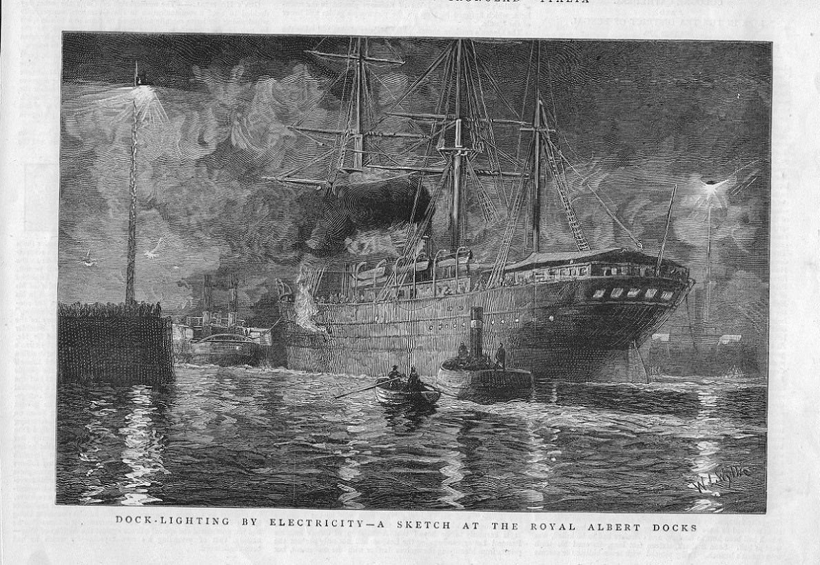 Royal Albert Dock lit by electricity antique print 1880 – Maps and ...