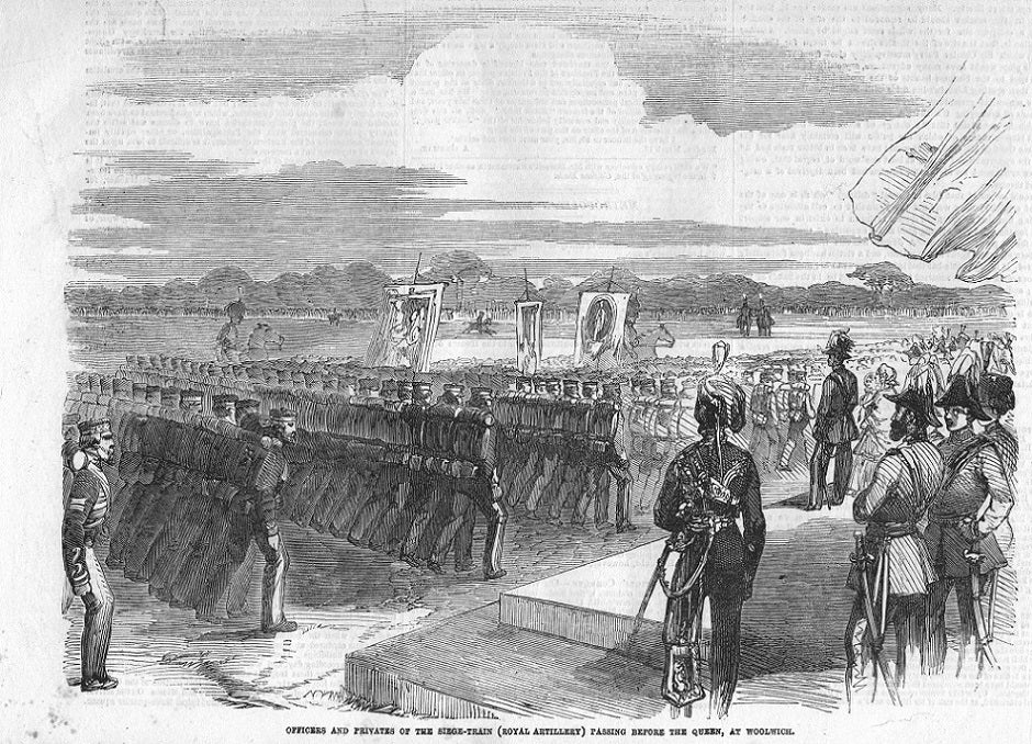Royal Artillery siege-train at Woolwich Common antique print 1856 ...