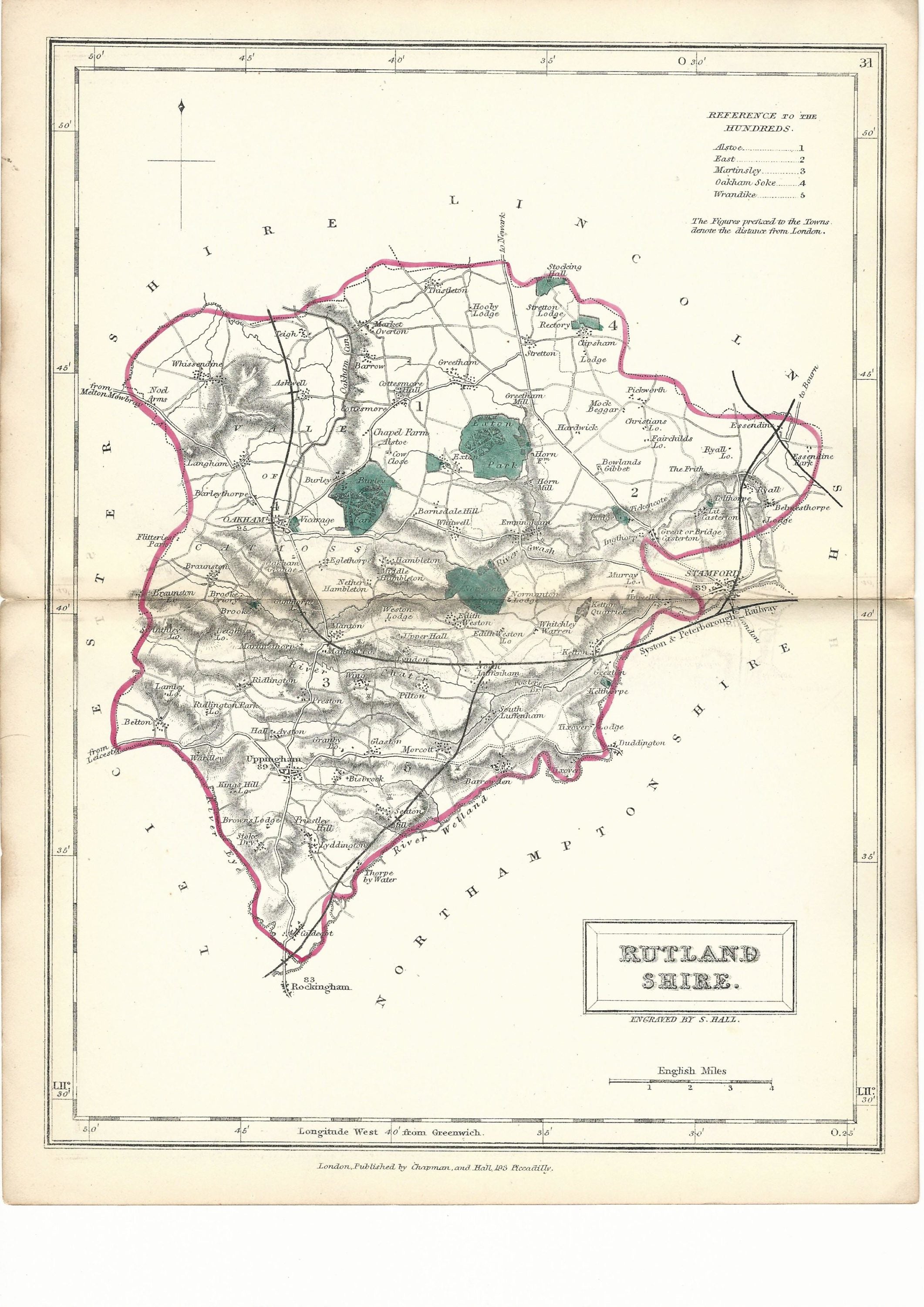 Rutlandshire antique map from Sidney Hall's English Counties 1860 ...
