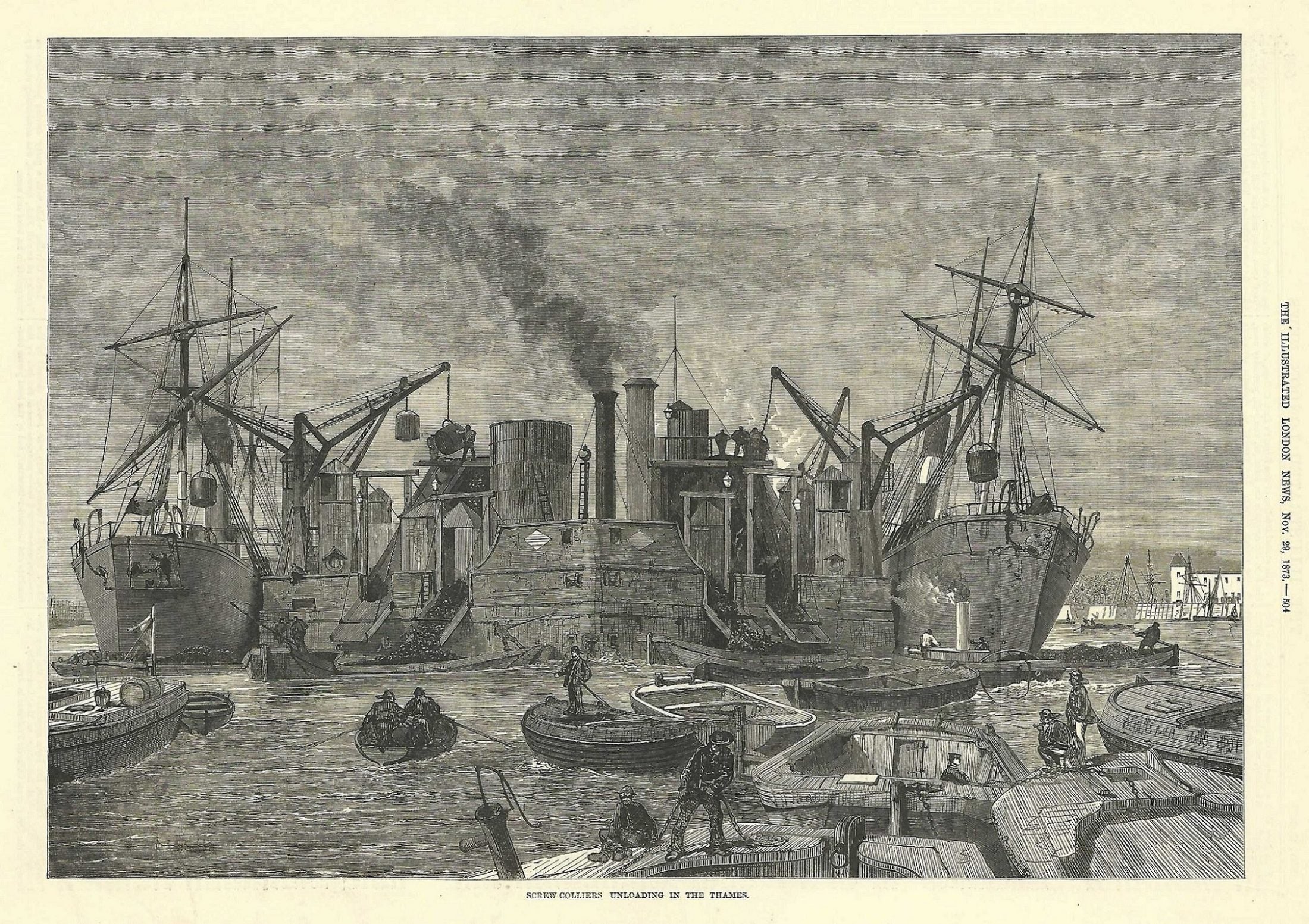 Collier ships unloading on River Thames antique print 1873 – Maps and ...