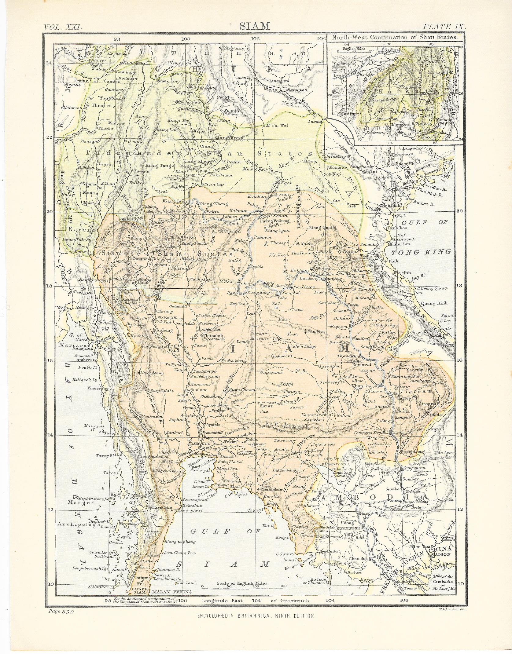 Siam Thailand antique map from Encyclopaedia Britannica c1889 – Maps ...