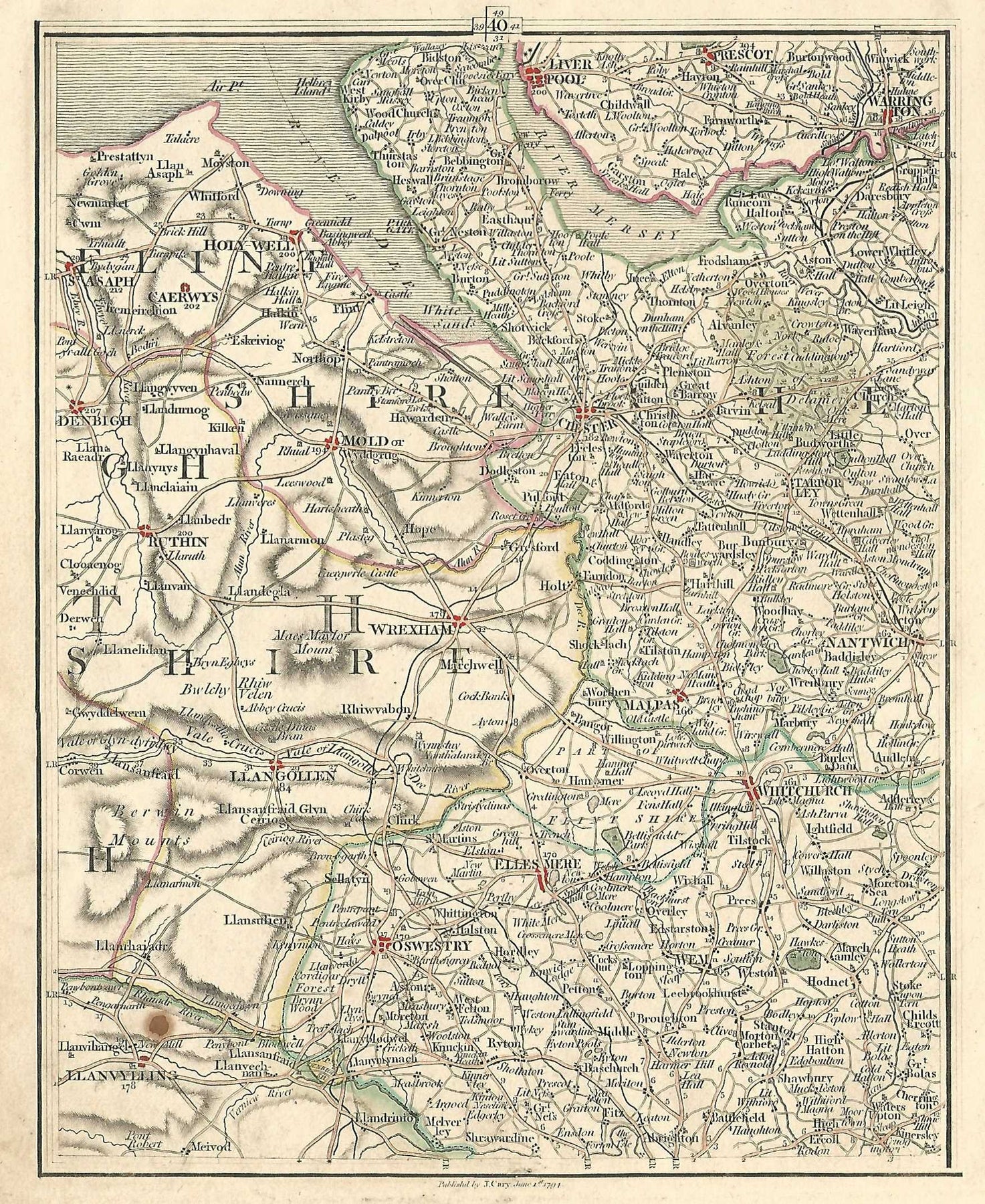 Chester Liverpool Warrington Wrexham Oswestry Ellesmere antique map 17 ...