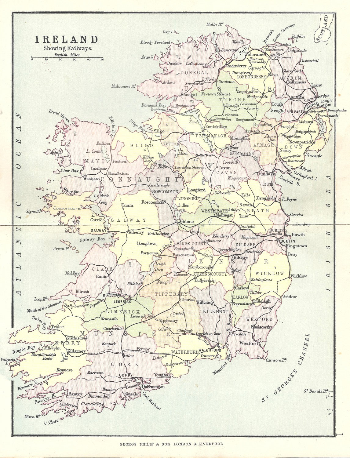 Ireland antique map showing railways published 1890 – Maps and Antique ...