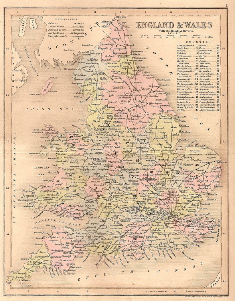 England & Wales, Roads & Rivers 1845 – Maps and Antique Prints