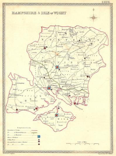 Hampshire & Isle of Wight parliamentary boundaries antique map 1836 ...