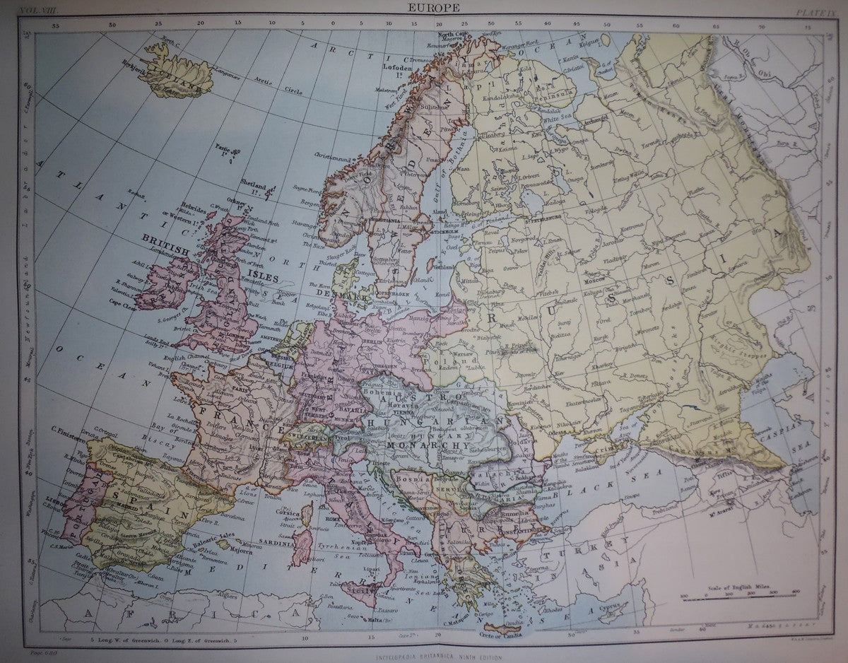 Europe antique map Encyclopaedia Britannica 1889 – Maps and Antique Prints